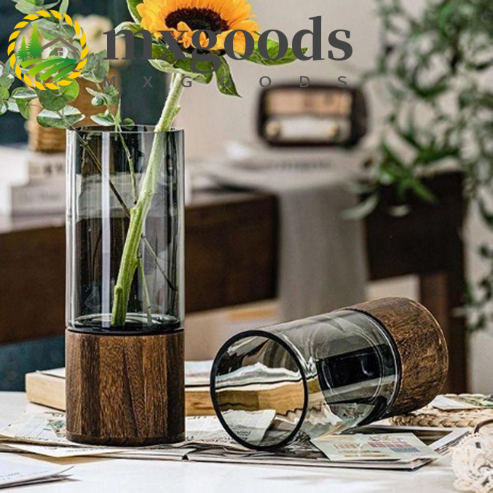 MXGOODS Glass Vase, Wooden Base Elegant Transparent Flower Vase, Floral Arrangement Hydroponic ...