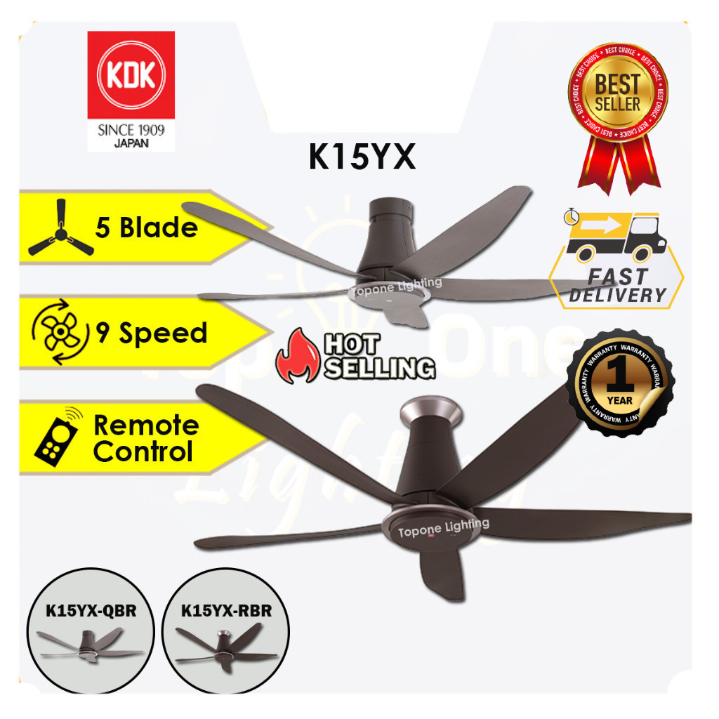 KDK K15YX-QBR /K15YX-RBR 60" Short/Long Pipe 5 Blades Brown Ceiling Fan ...