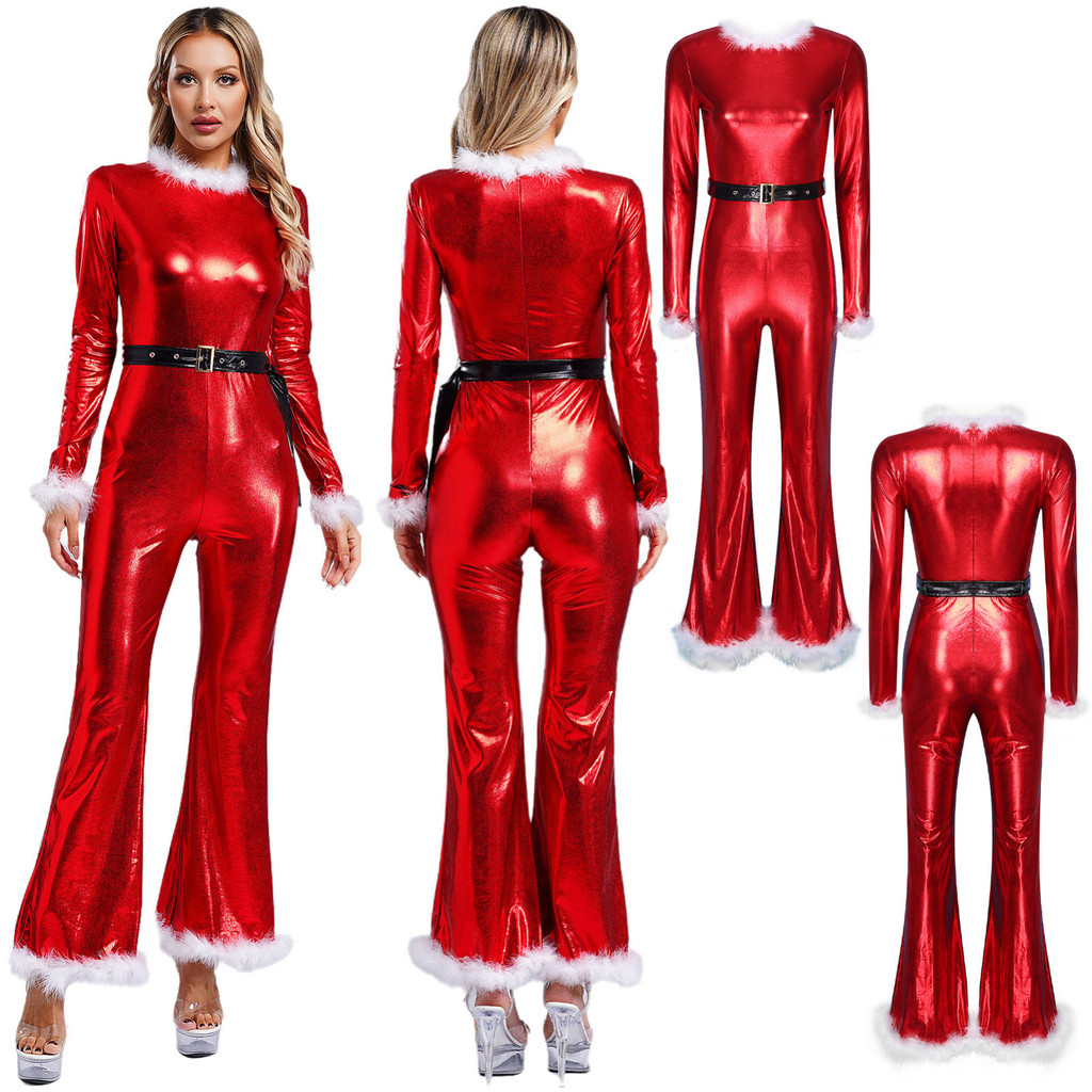 iixpin Womens Christmas Metallic Shiny Rompers with Belt Long Sleeve ...