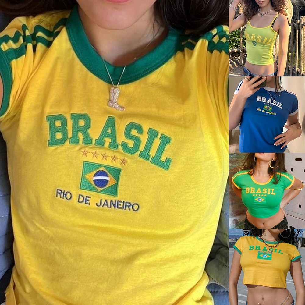 ⭐ Hot selling ⭐ Women Aesthetic Letter 90s Brazil Crop Tops Summer ...