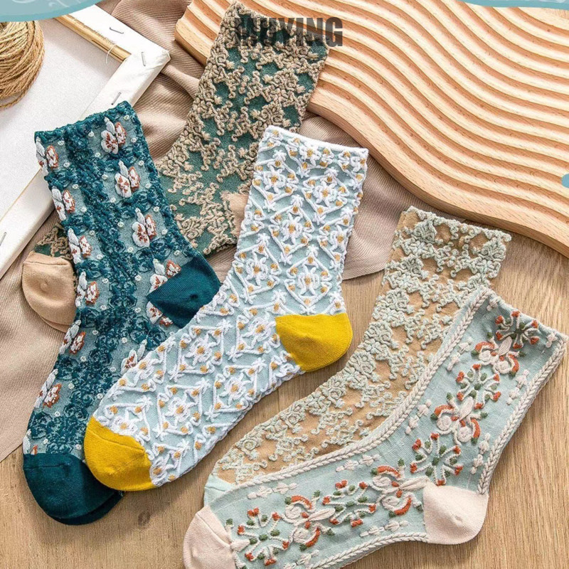 Five Pairs Of Patterned Socks, Retro Style Sweet Mid Tube Socks, Women ...