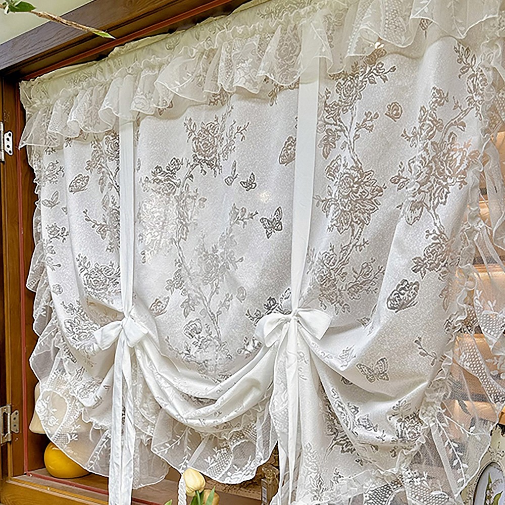 Romantic Butterfly with Little Floral Lace Sheer Tie Up Balloon Curtain ...