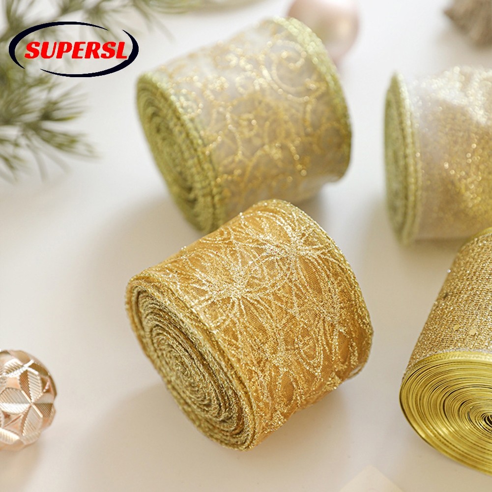 Glitter Wired Ribbon, Organza Sheer Ribbon with Gold Glitter Swirl ...