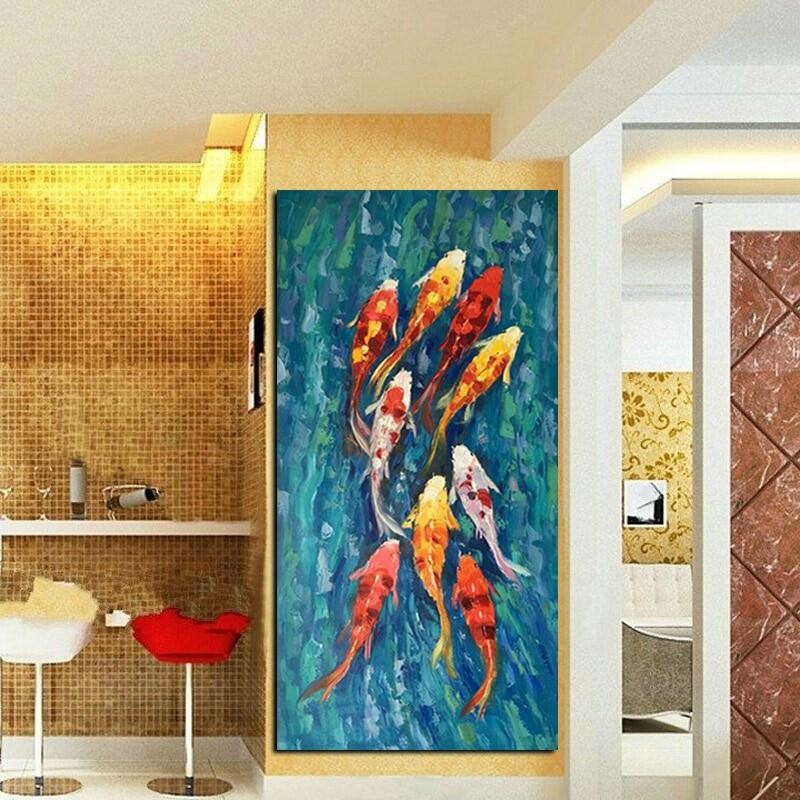 Wall Art Picture HD Print Chinese Abstract Nine Koi Fish Landscape Oil ...