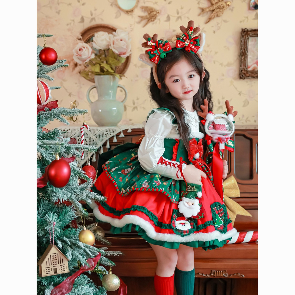 [24h Shipment] Children Christmas Costume Elk Print Dress Red Cloak ...