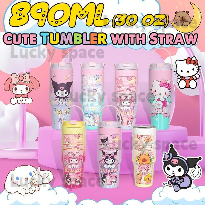 890ML Sanrio Tumbler Tahan Sejuk Kuromi Comel with Straw And Handle Cinnamoroll Melody Capybara ...