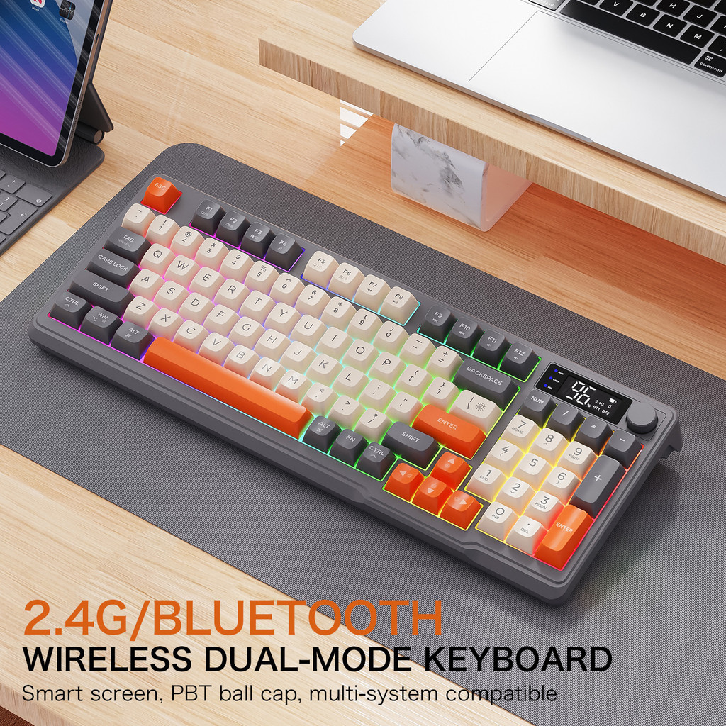 M96 Wireless Bluetooth Dual Mode Mechanical Feel Keyboard PBT Ball Cap with Display Knob Gaming ...