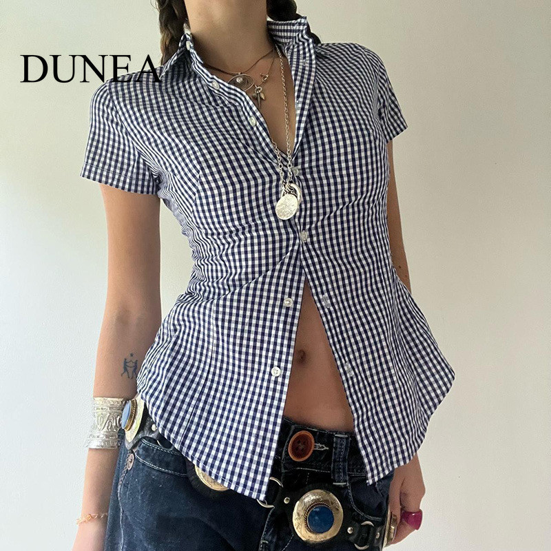 DUNEA Women's Sexy American Retro Checkered Turn-down Neck Short ...