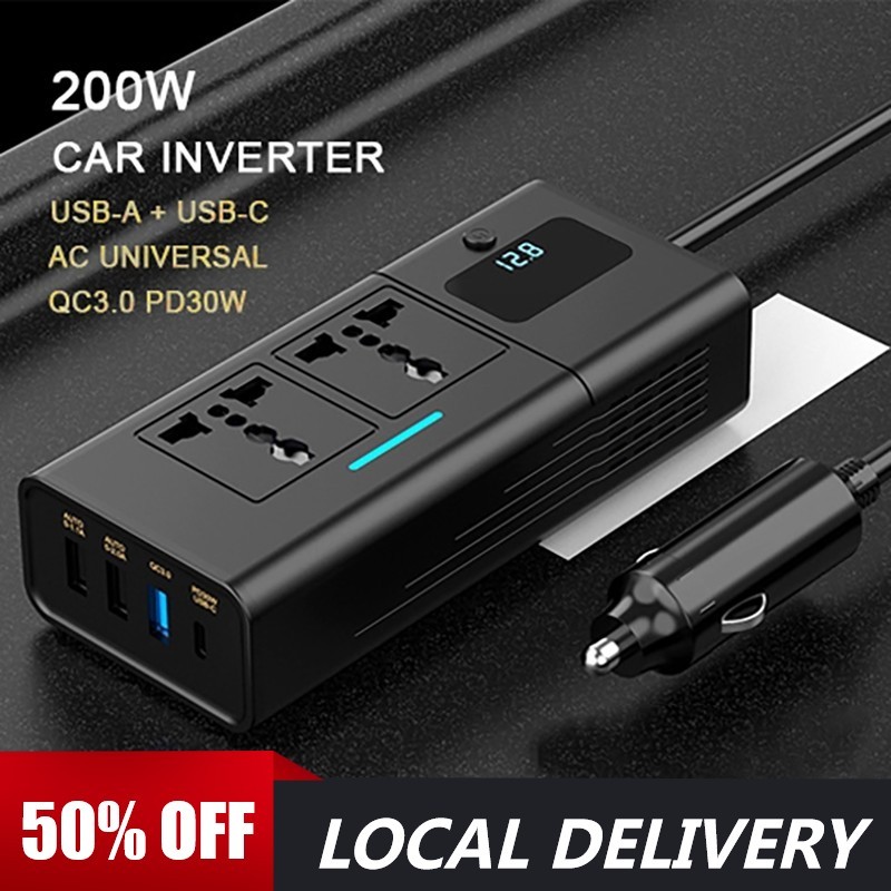 200W Car Power Inverter 12V to 220-240V AC Universal Socket USB-C USB-A ...