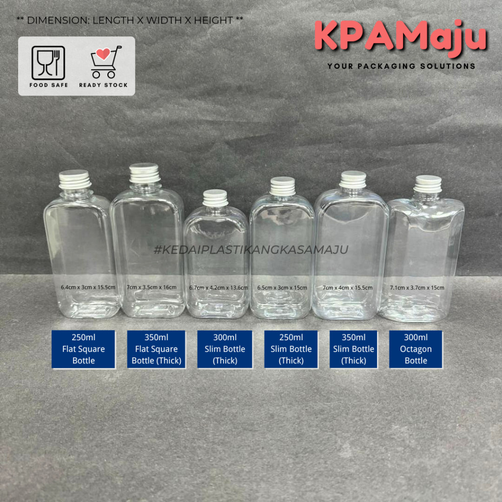 Botol Plastik + Silver Aluminium Cap (250ml, 300ml, 350ml) - Slim ...