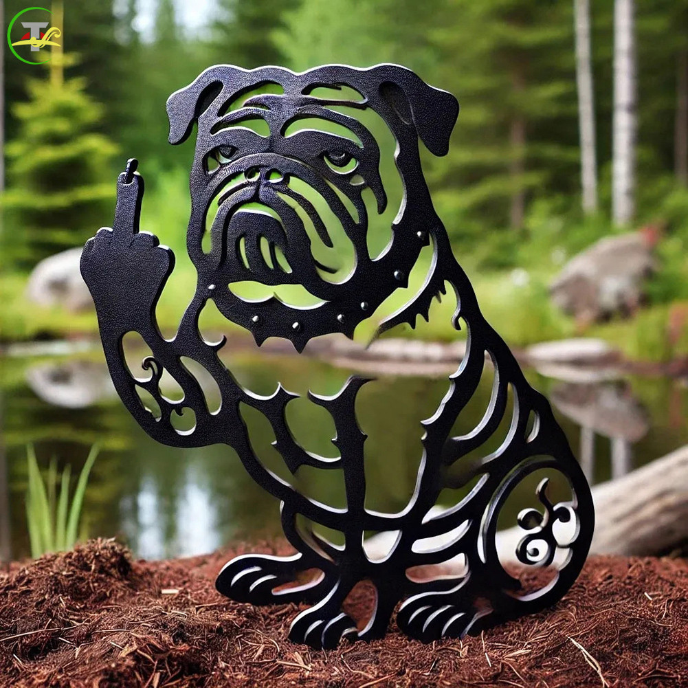 Funny-Bulldog Metal Garden Decoration Funny Middle Finger-Bulldog Metal ...