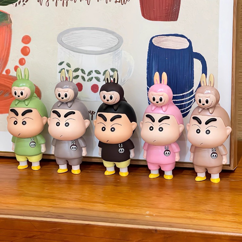 14cm Cartoon Gk Crayon Shin Chan Lying on Top of His Head with Labubu ...