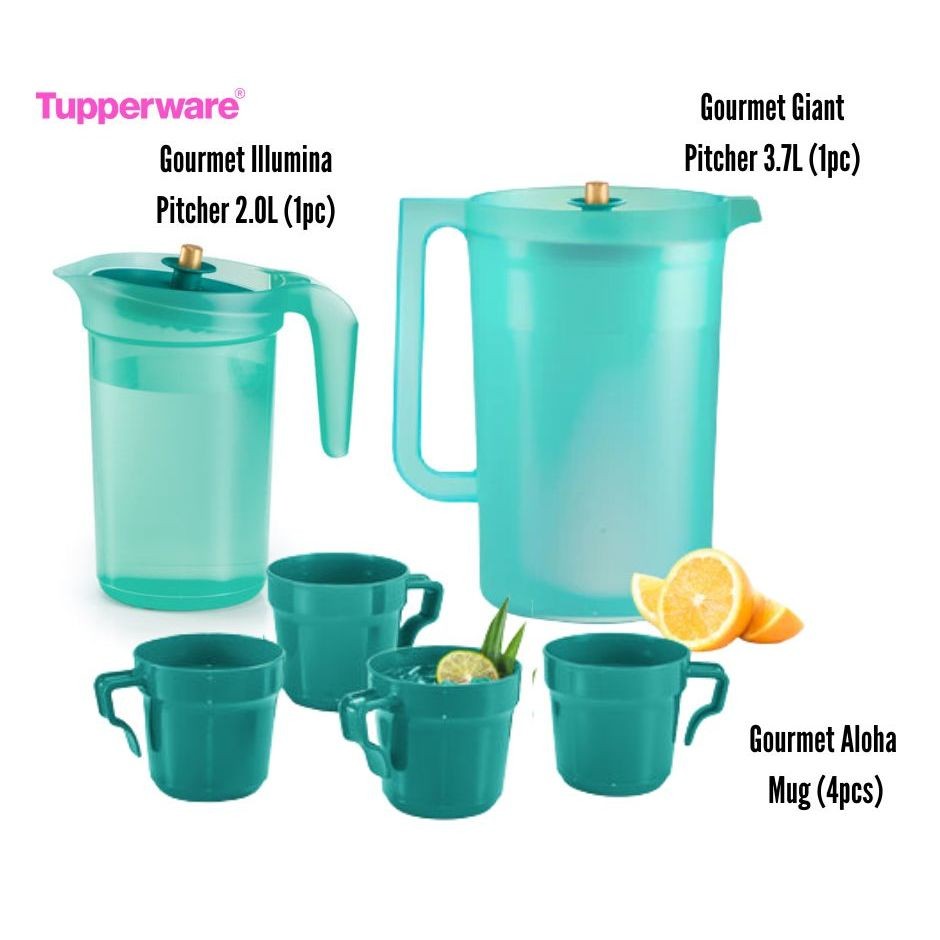 Tupperware Drinking Set Illumina Pitcher 2L & Aloha Mugs 350ml (4pcs ...