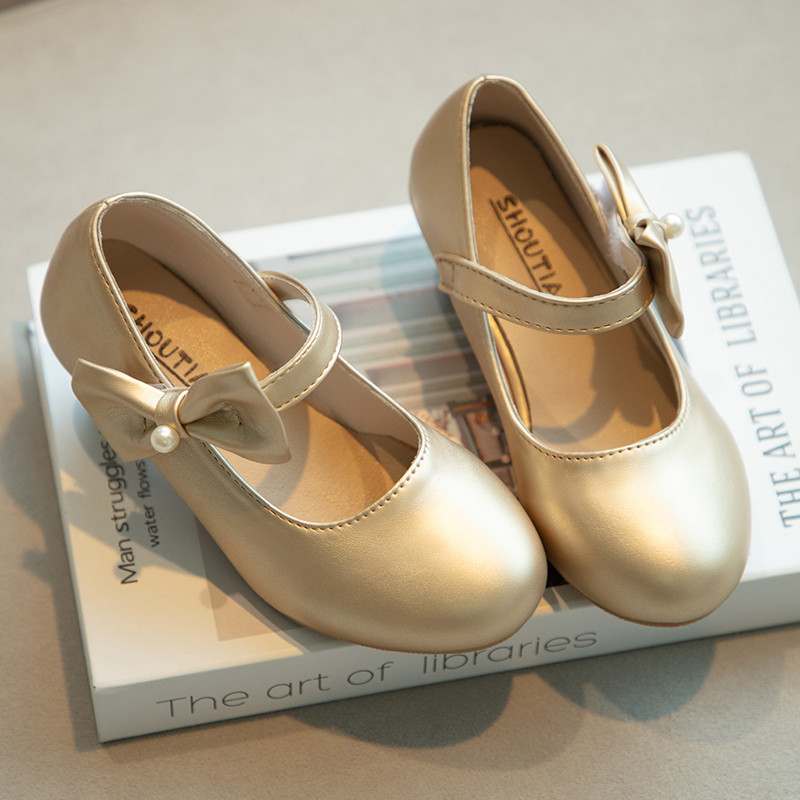 Korean Style Side Bowknot Girls Leather Mid Heels Shoes Solid Color ...