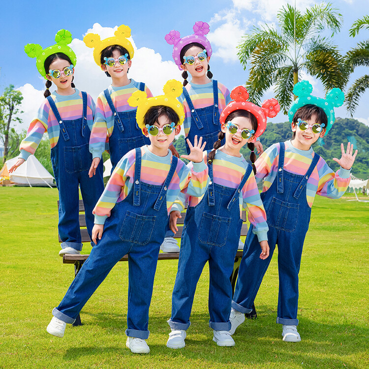 Children Cheerleading Costumes Kindergarten Denim Overalls Striped Long ...