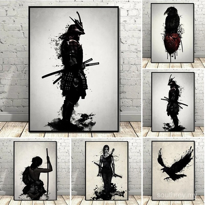 Black And White Japanese Armored Samurai Owl Raven And Skull Poster ...