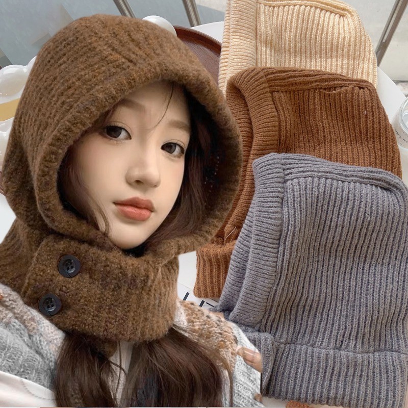 Knitted Wool Balaclava Hat - Button Scarf Hoodie Beanies - For Winter ...
