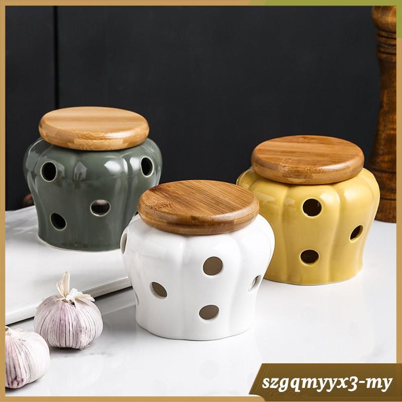 Modern Ceramic Garlic Keeper with Bamboo Lid Vented Hollow Round Snacks ...