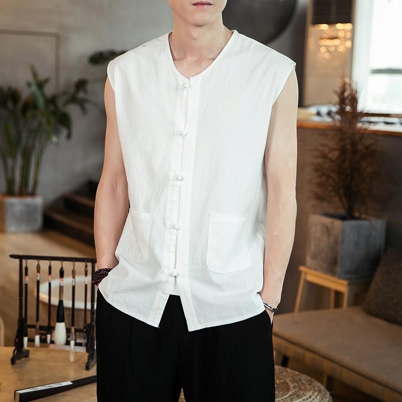 【Ready Stock】夏季复古中国风盘扣棉麻背心男唐装汉服汗衫青年无袖衬衫休闲坎肩underwaist vest | Shopee ...
