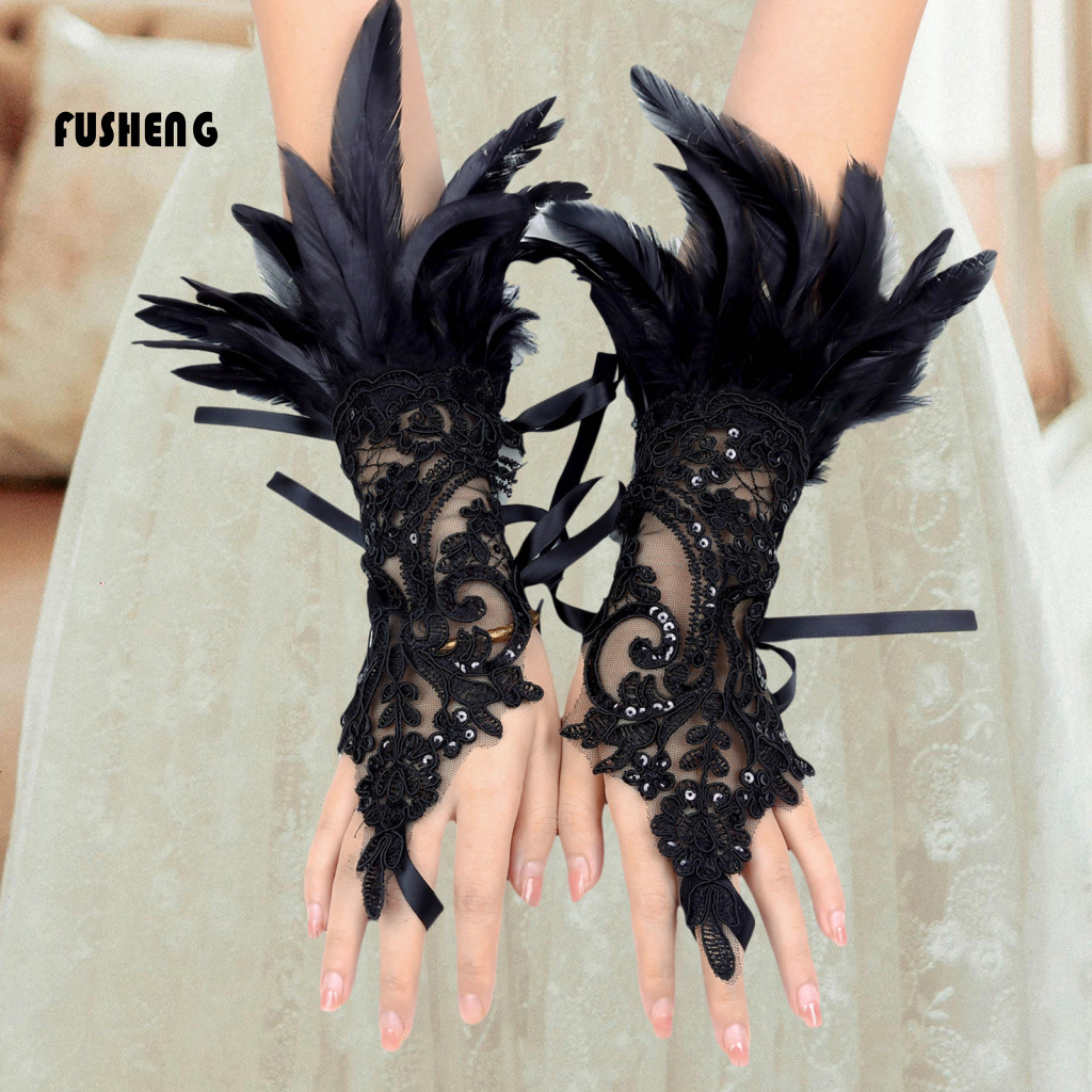Faux Feather Long Glove Faux Feathered Wrist Gloves Sexy Lace Feather ...