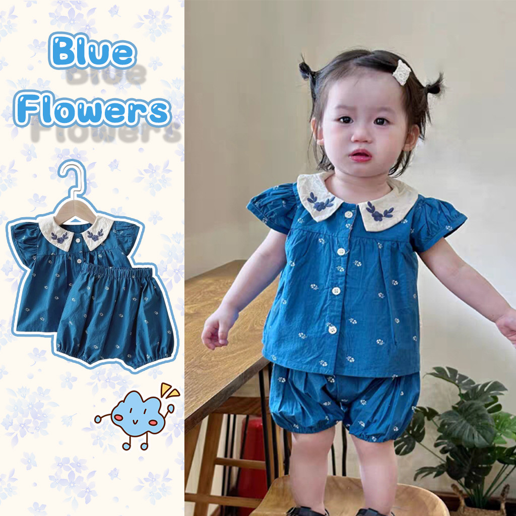 INS Summer Infant Set Baby Clothes Baby Exquisite Blue Flower ...