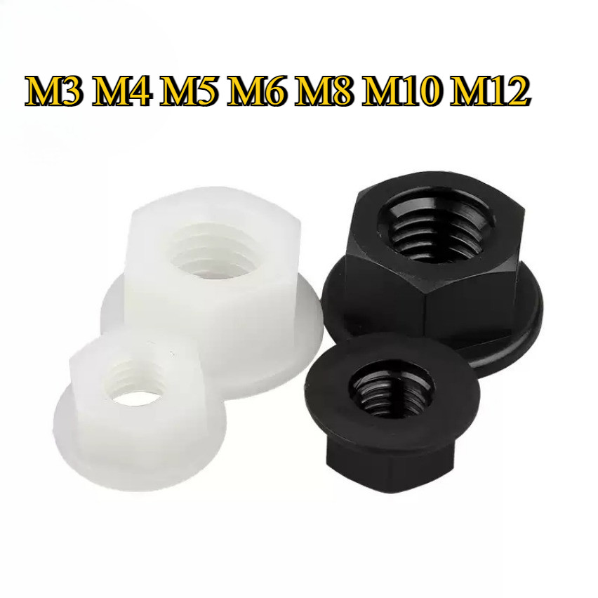 M3 M4 M5 M6 M8 M10 M12 BLACK / WHITE Nylon Pa66 Flange Nut plastics Hex Fastener Nut Flange Cap ...
