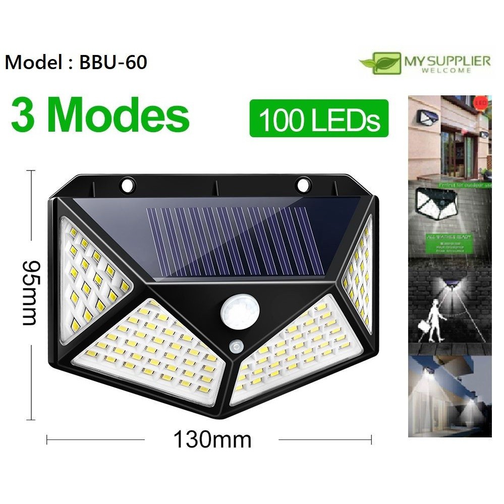 100 LED Solar Light PIR Motion Sensor Wall Light Courtyard Light | Lampu Solar | Outdoor Garden ...
