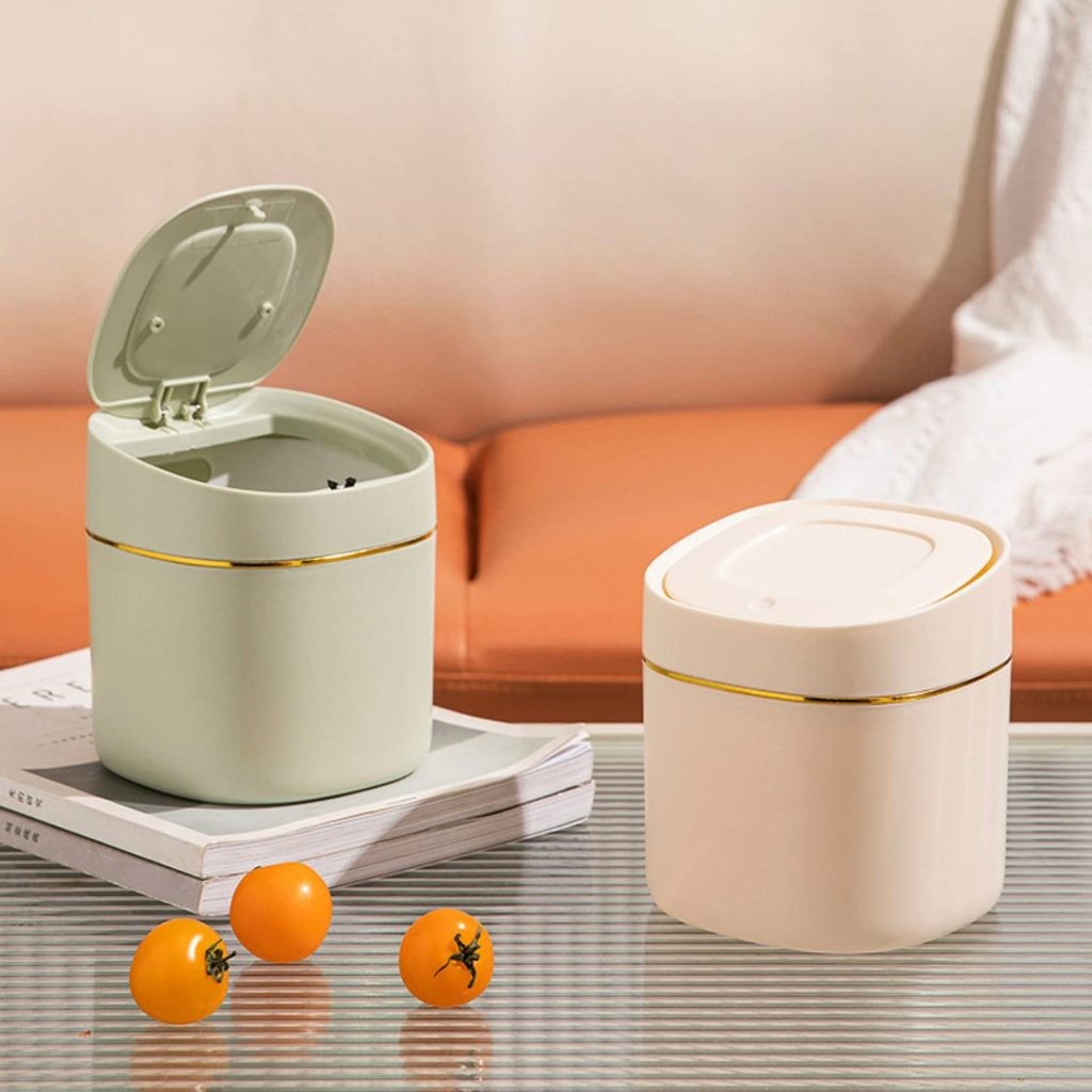 Desktop Flip Top Trash Bin With Gold Foil Surface, Bedside Garbage Can ...