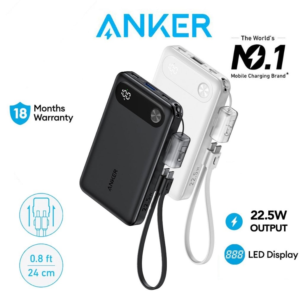 Anker Powerbank Powercore 10000mAh Portable Charger Built in USB C Cable Lanyard 22.5W Fast ...