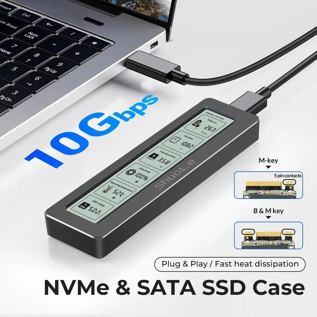 M.2 NVME/NGFF Dual Protocol SSD Enclosure with Display Screen USB Type C SSD Adapter for NVME ...