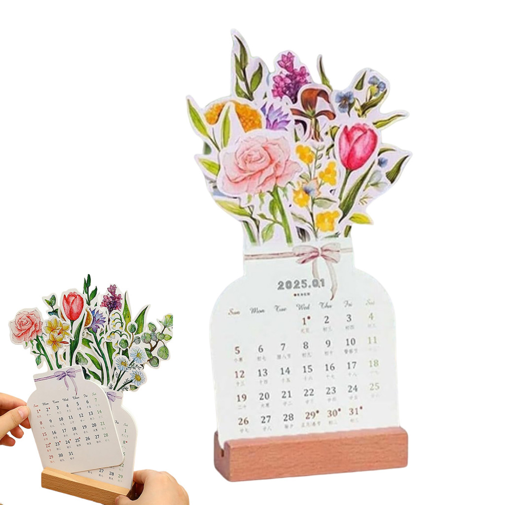 Wooden Base Desk Calendar Floral Art Desk Calendar Bloomy Flowers 2025 ...