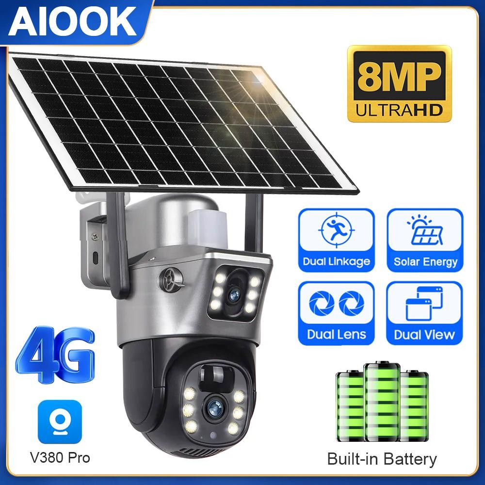 AIOOK V380 PRO 4G Solar Camera HD 8MP Dual Lens Outdoor Waterproof IP CCTV Human Detection PTZ ...