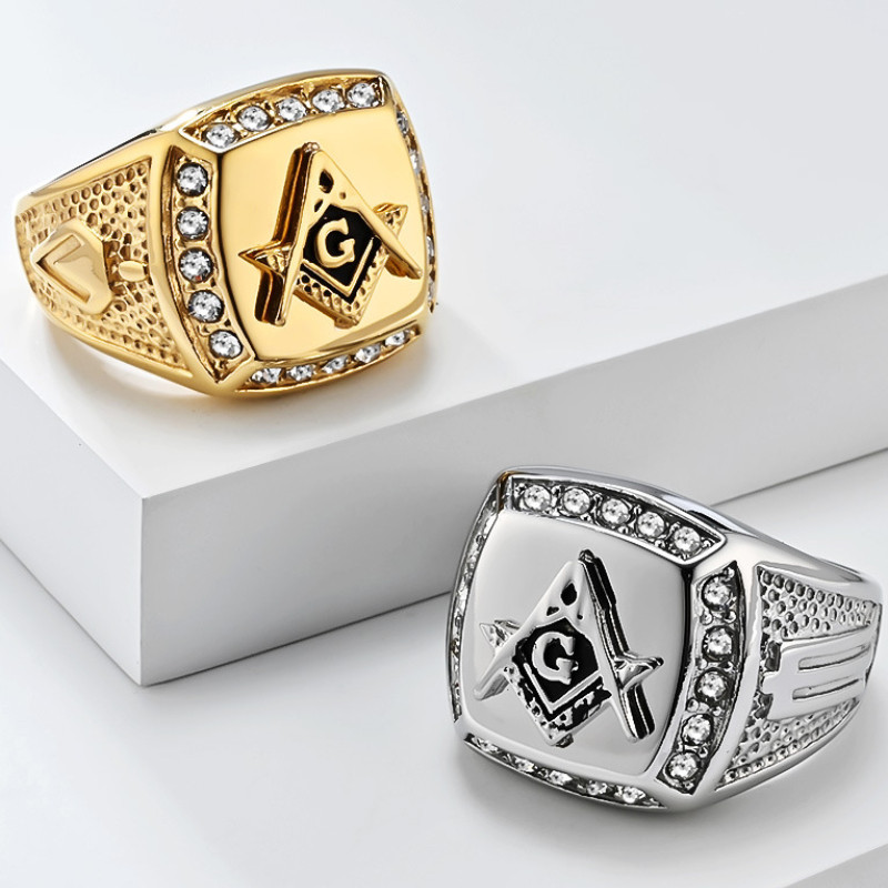 Vintage Hip Hop Masonic Titanium Steel Ring for Men with Diamonds ...