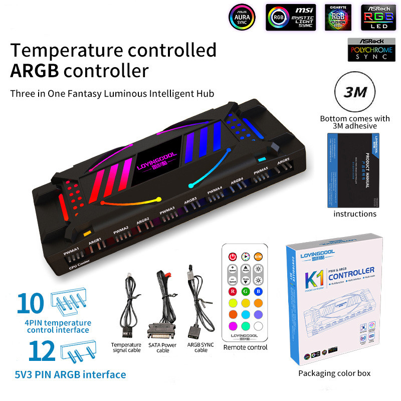 ARGB PWM Fan Hub PC Case CPU Fan Controller Magnetic Fan Hub Splitter with Controller and SATA ...