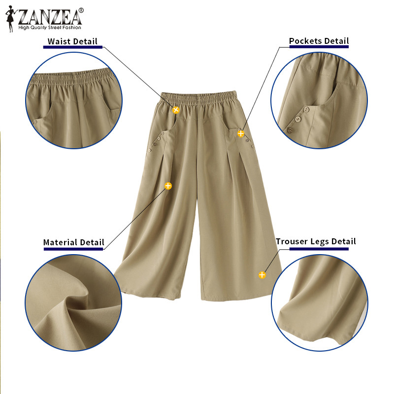 ZANZEA Women Korean Casual Elastic Waist Loose Wide Leg Eight-Pointed ...