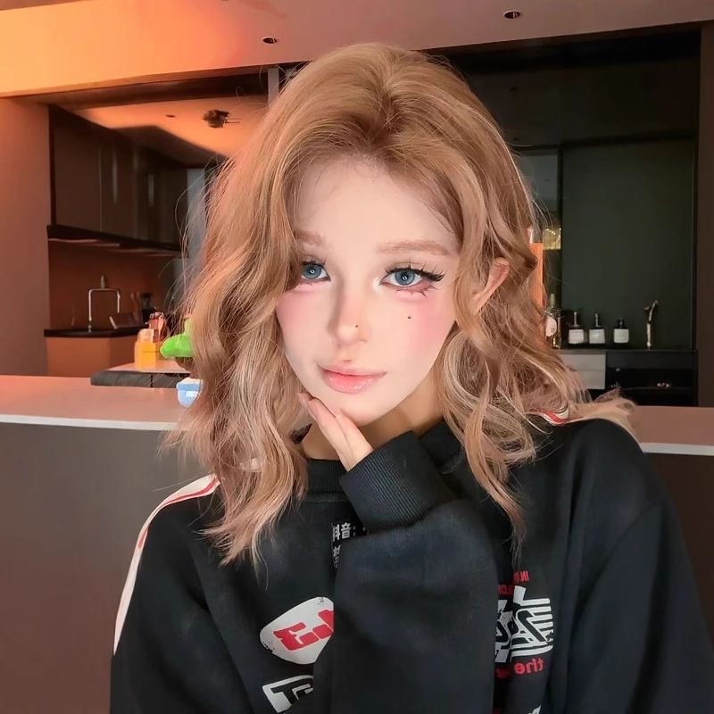 [Yuqi Short Curly Hair] W450 Wig Female Golden Brown Highlight Wool ...