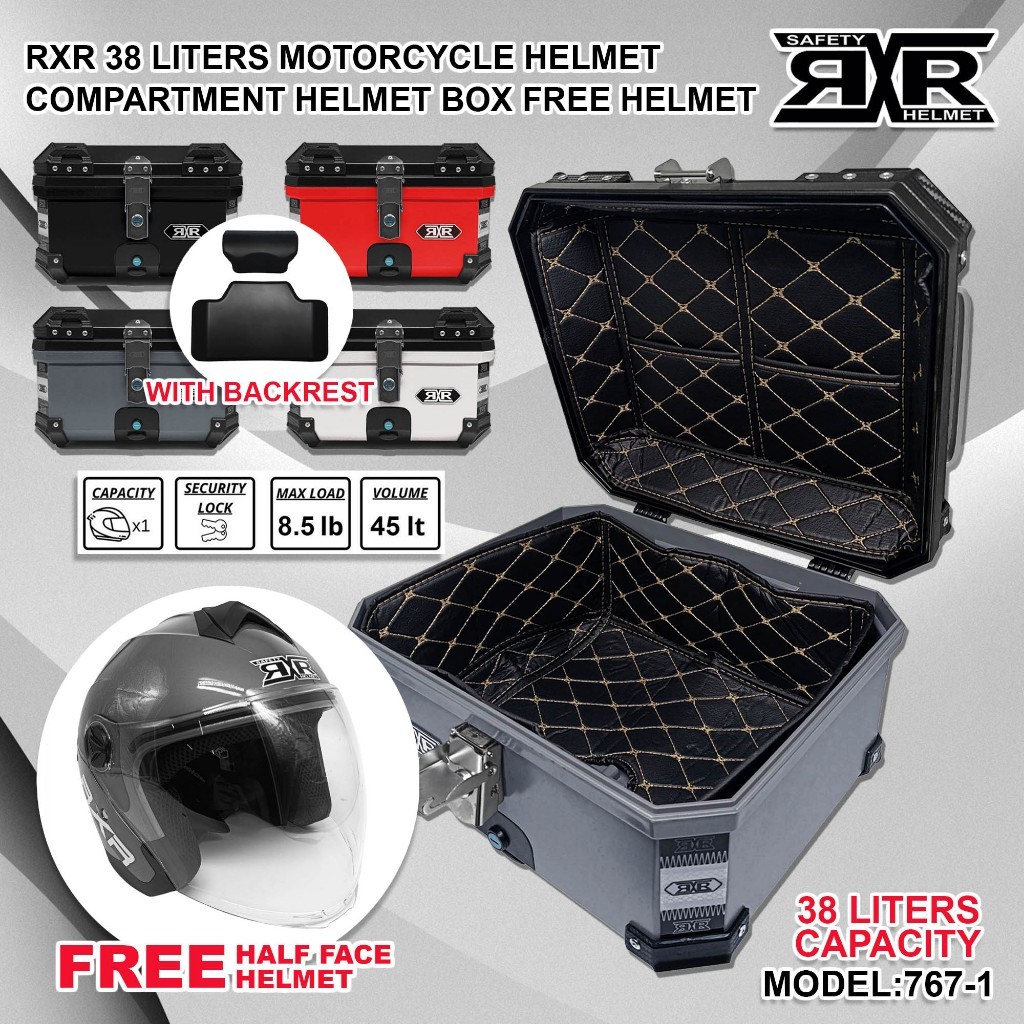 RXR 38L Liters HARD PLASTIK TOP BOX with Backrest and Free Helmet ...
