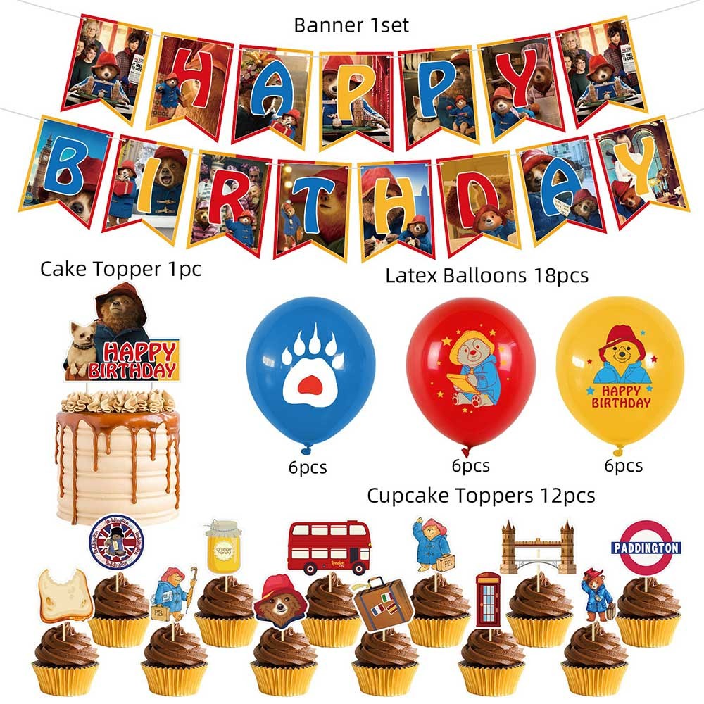 Paddington Birthday Bear Party Decor Set Banner Cake Toppers Pull Flag ...