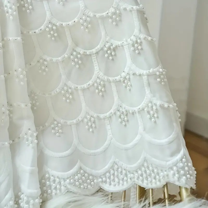 Villa Luxury Pearls Embroidery Sheer Curtain with Ruffles Elegant Voile ...