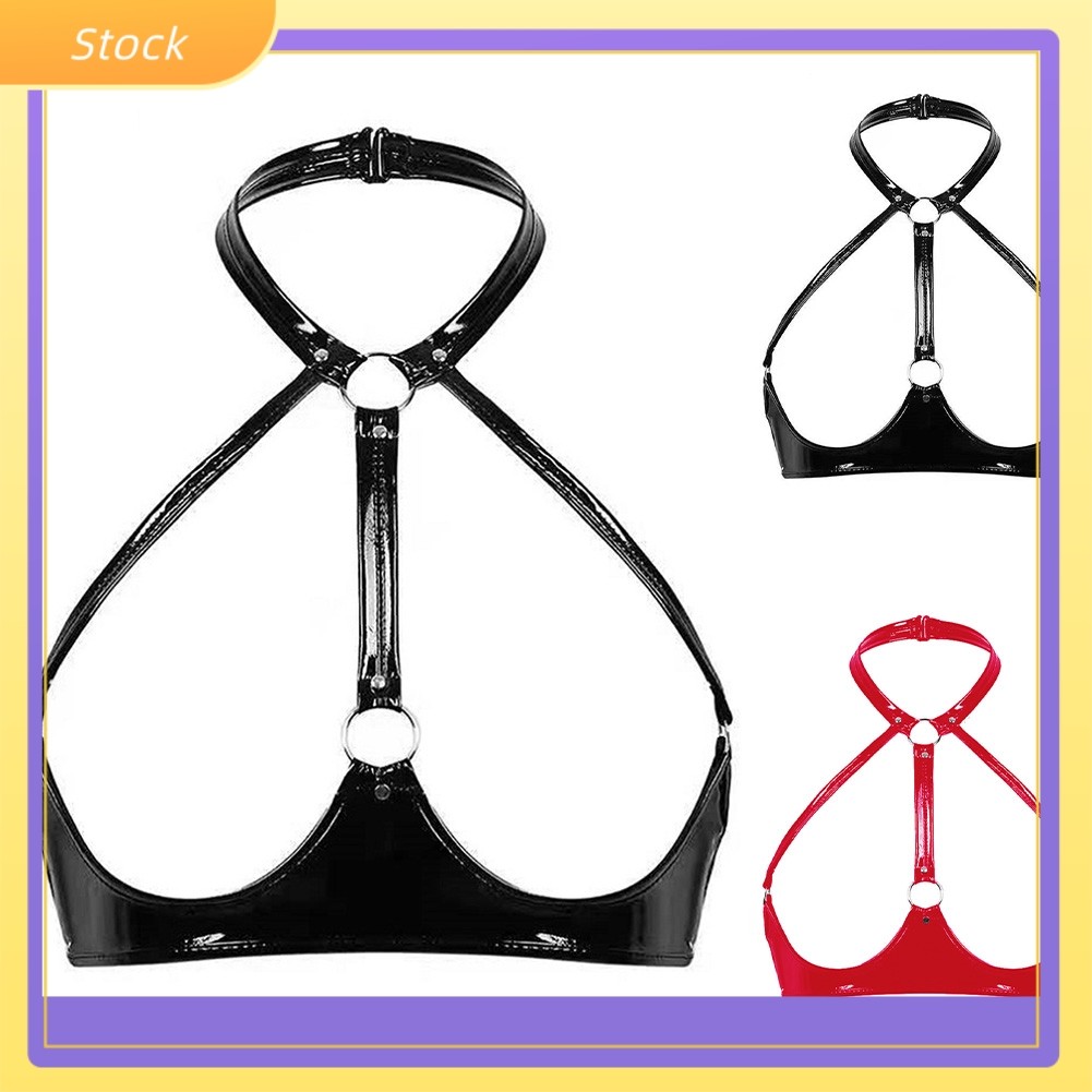 [ELECT] Sexy Womens Open Cup Underwired Bra Crop Top Wet Look PVC ...