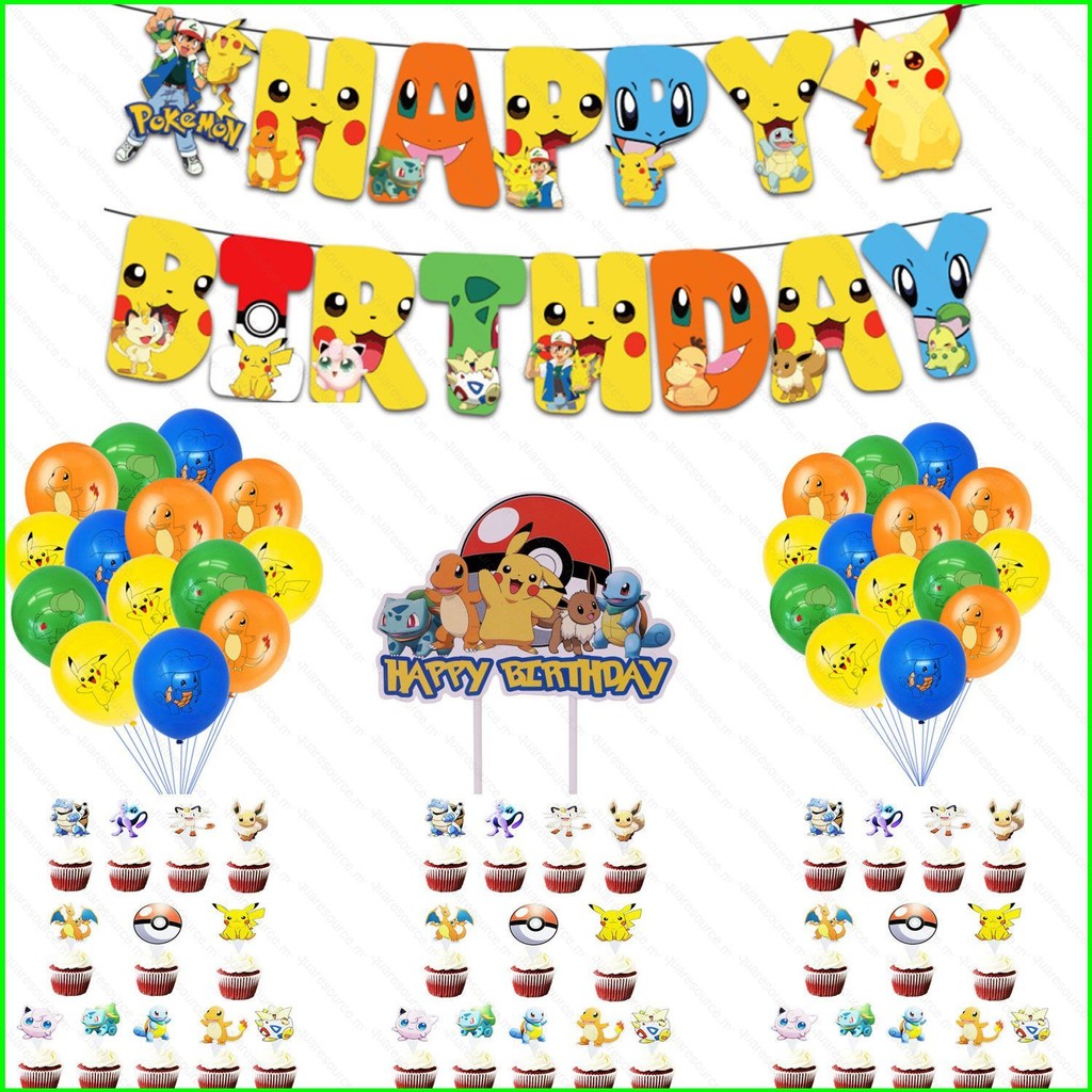 SQ1 Pikachu Pokemon Party decorations Birthday set banner cake card ...