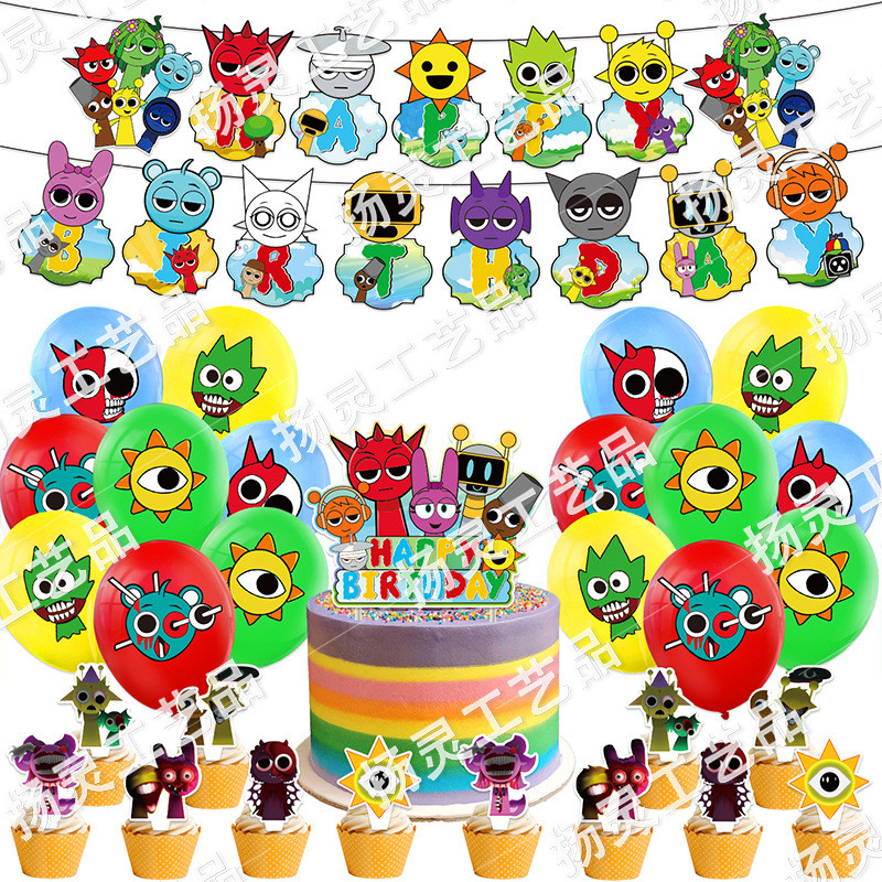 Sprunki themed birthday party decoration birthday flag raising cake ...