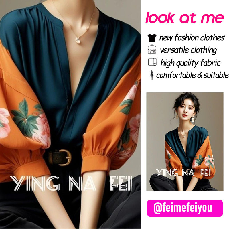 V-Neck Elegant Women Blouse Korean Style Printing High-End Unique ...