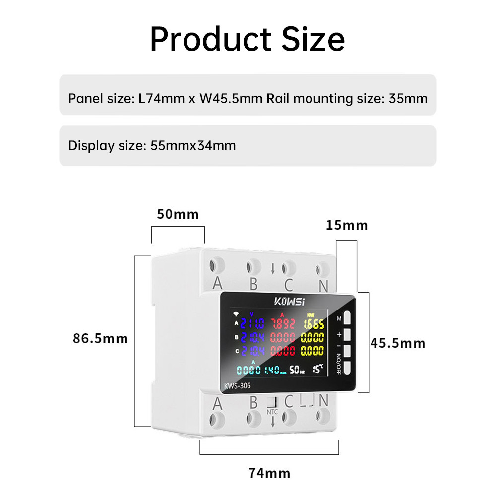Pcbfun KWS-306 Tuya WIFI smart voltage current and power meter HD color screen three-phase four ...