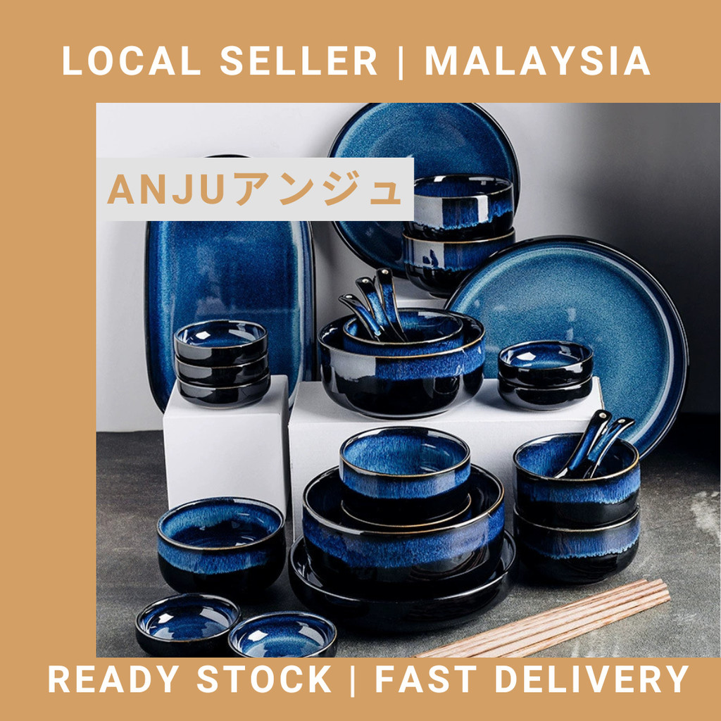 ANJU アンジュ Blue ceramic tableware plate pinggan dessert plate dinner ...