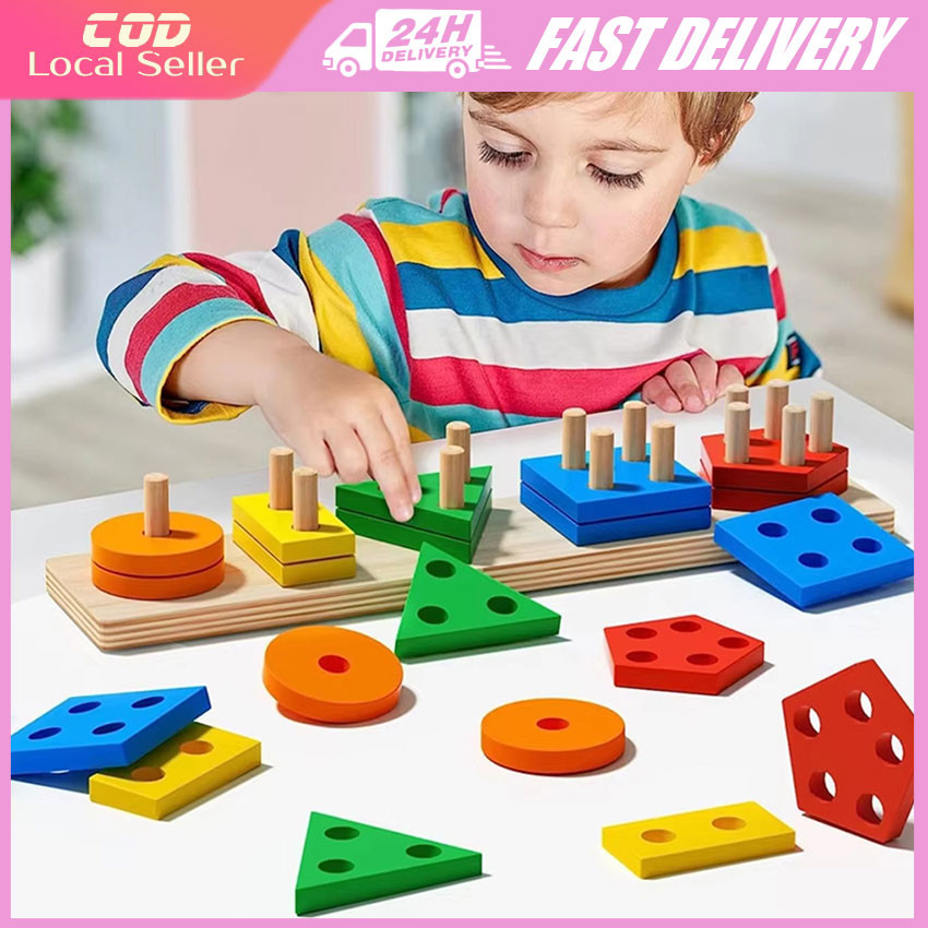 Wooden Geometric puzzle Sorting Board Color Shape Matching & Stacking ...