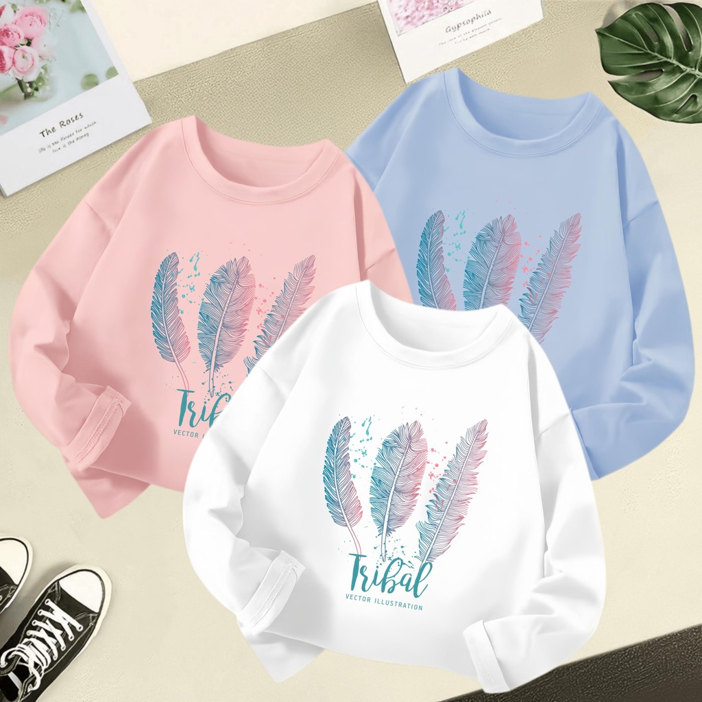 3-12Y Cartoon Feather Print Girl Long-sleeved T-shirt Soft and Skin ...