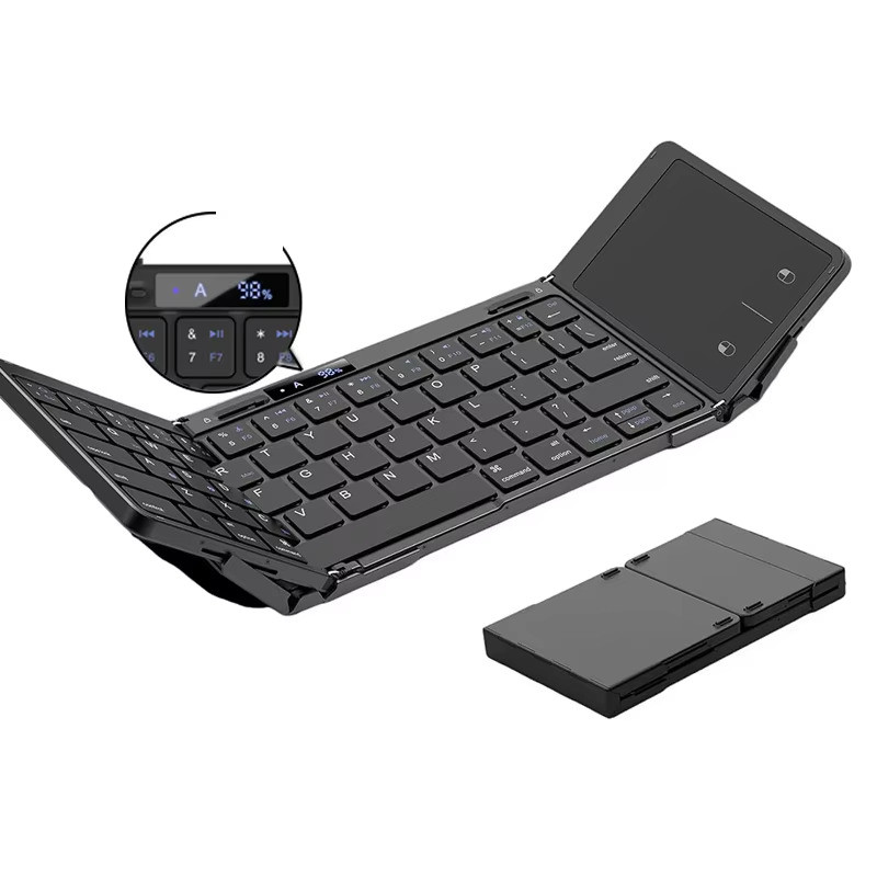 Portable Alloy Tri Foldable Bluetooth Wireless Rechargeable Keyboard With Touchpad Number Pad