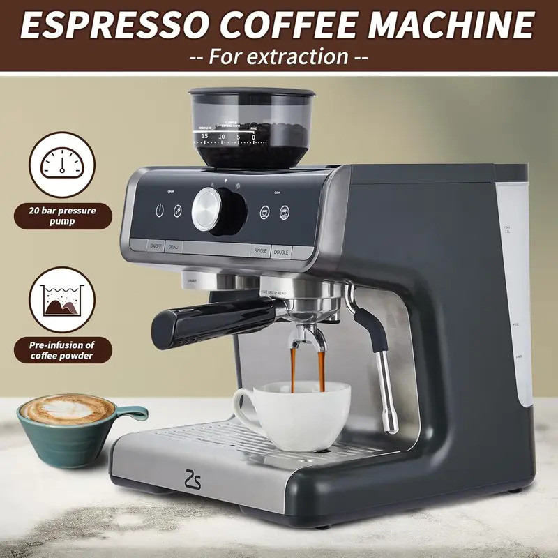 Espresso Machine with Grinder, Professional Espresso Maker with Milk Frother Steam Wand, 20 Bar ...