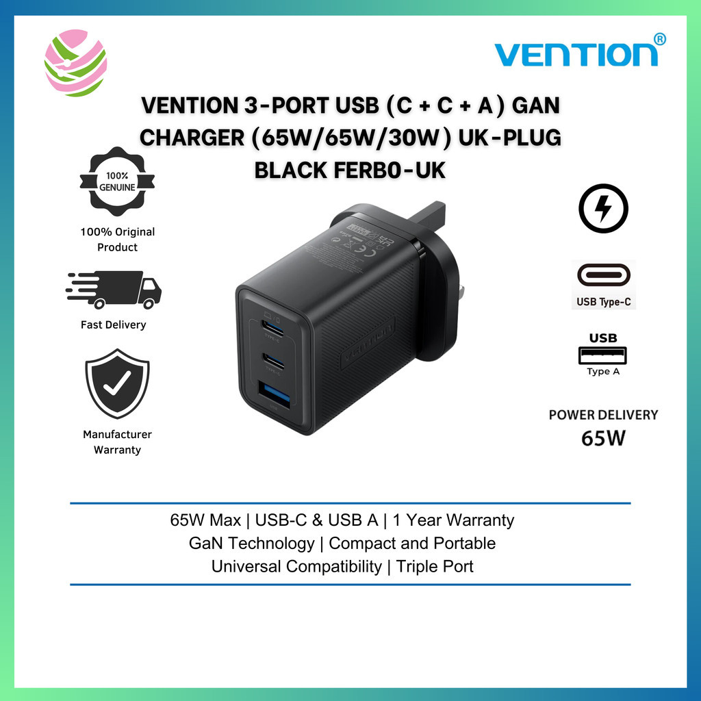 Vention 3-Port USB (C + C + A) GaN Charger (65W/65W/30W) UK-Plug Black ...